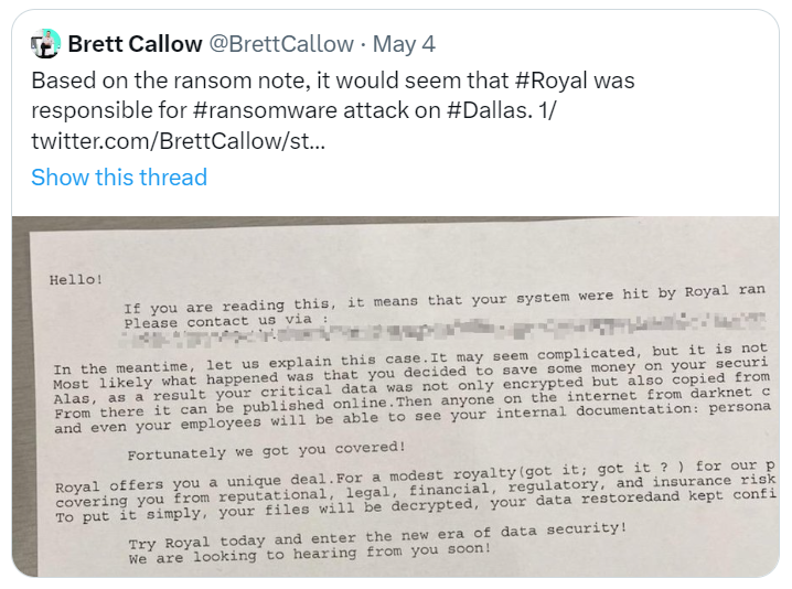 City Of Dallas Ransomware Attack: New Threat Note From Royal