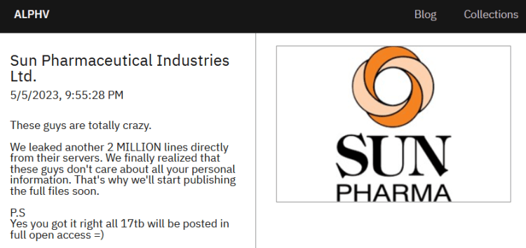 Sun Pharma Cyber Attack, ALPHV Hacker Group Leaks Data